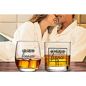 ZUUO Boyfriend and Girlfriend 11 oz Wine Whiskey Glass Gift Set - Engagement Gifts for Couples Fiance Fiancee Him Her His Hers Glasses Mr Mrs Bride Groom, 2 Piece