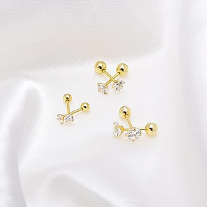 4 MM Cubic Zirconia Sterling Silver Plated Yellow Gold Stud Earrings for Women, Screw Ball Backing