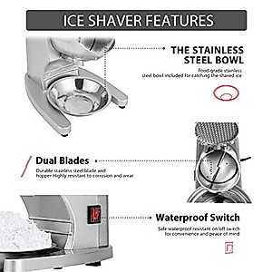 VIVOHOME 11 Inch Height Electric Dual Blades Ice Crusher Shaver Snow Cone Maker Machine Silver 143lbs/hr with Ice Pick for Home and Commercial Use