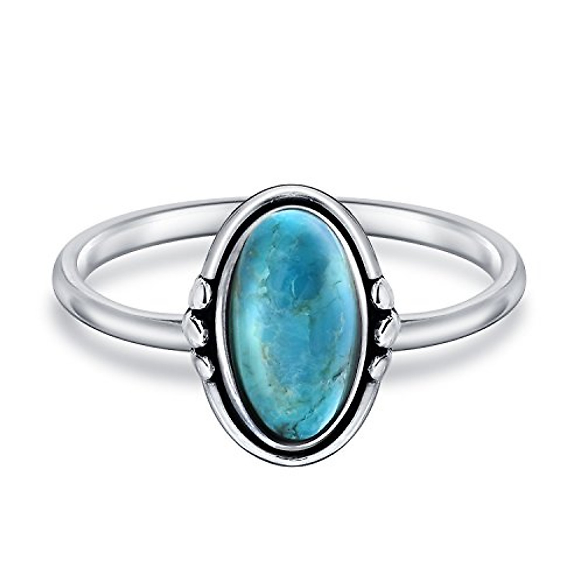 Western Boho Delicate Bezel Set Oval Cabochon Gemstone Blue Turquoise Ring For Women Teen 1MM Thin Band Oxidized .925 Sterling Silver