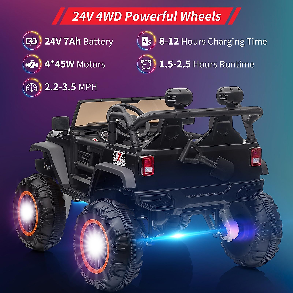 24V Ride on Car Toys, Remote Control 4 Wheels Electric Power Car for Toddlers Kids Boys Girls, 2 Seater Motorized Ride on Cars Vehicle, Black