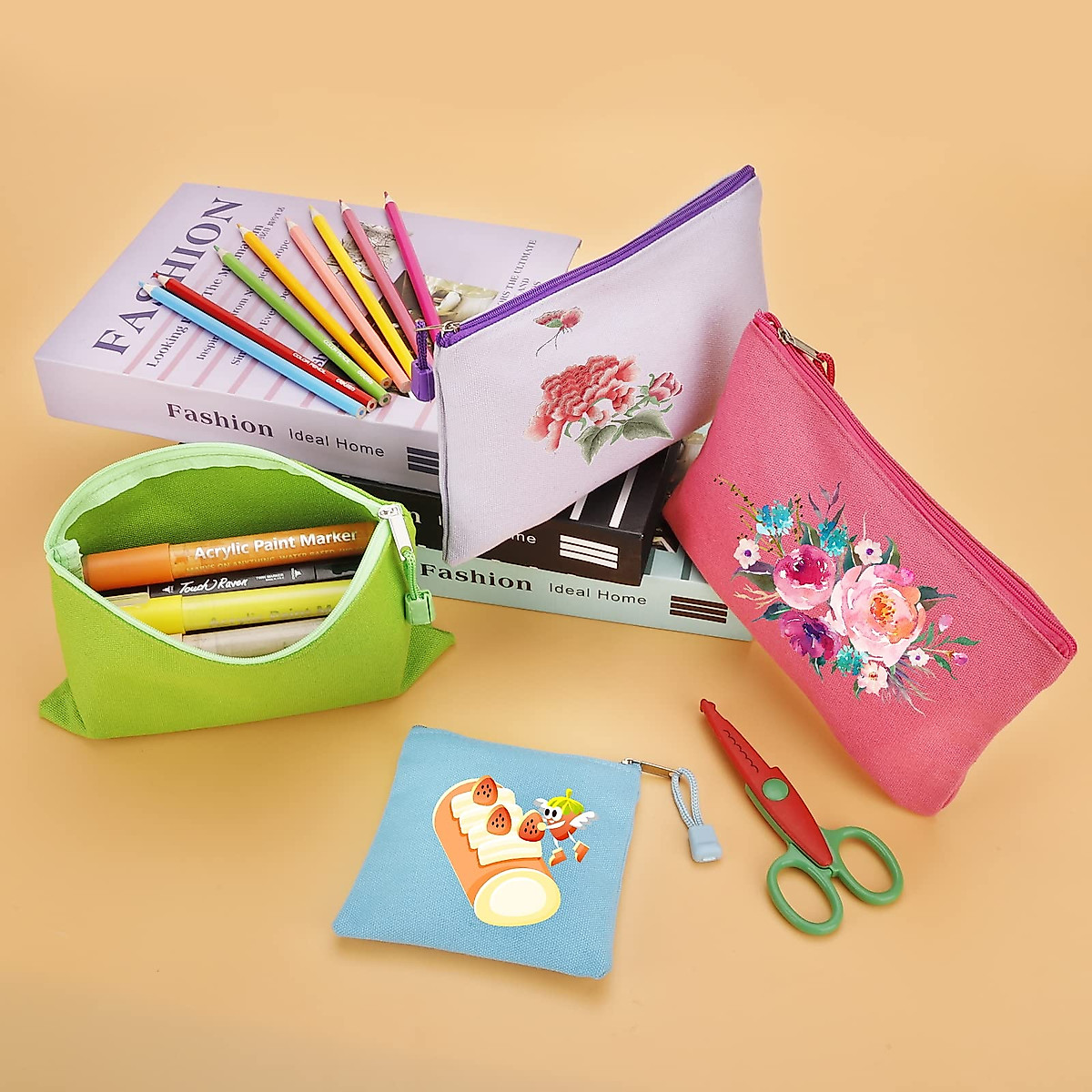 Fassave 12 Pack DIY Craft Cotton Canvas Bag, Multi-Purpose Cosmetic Bag Makeup Pouches with Zipper Travel Toiletry Bag Pen Pencil Bag (Multicolor, XS) (D003)