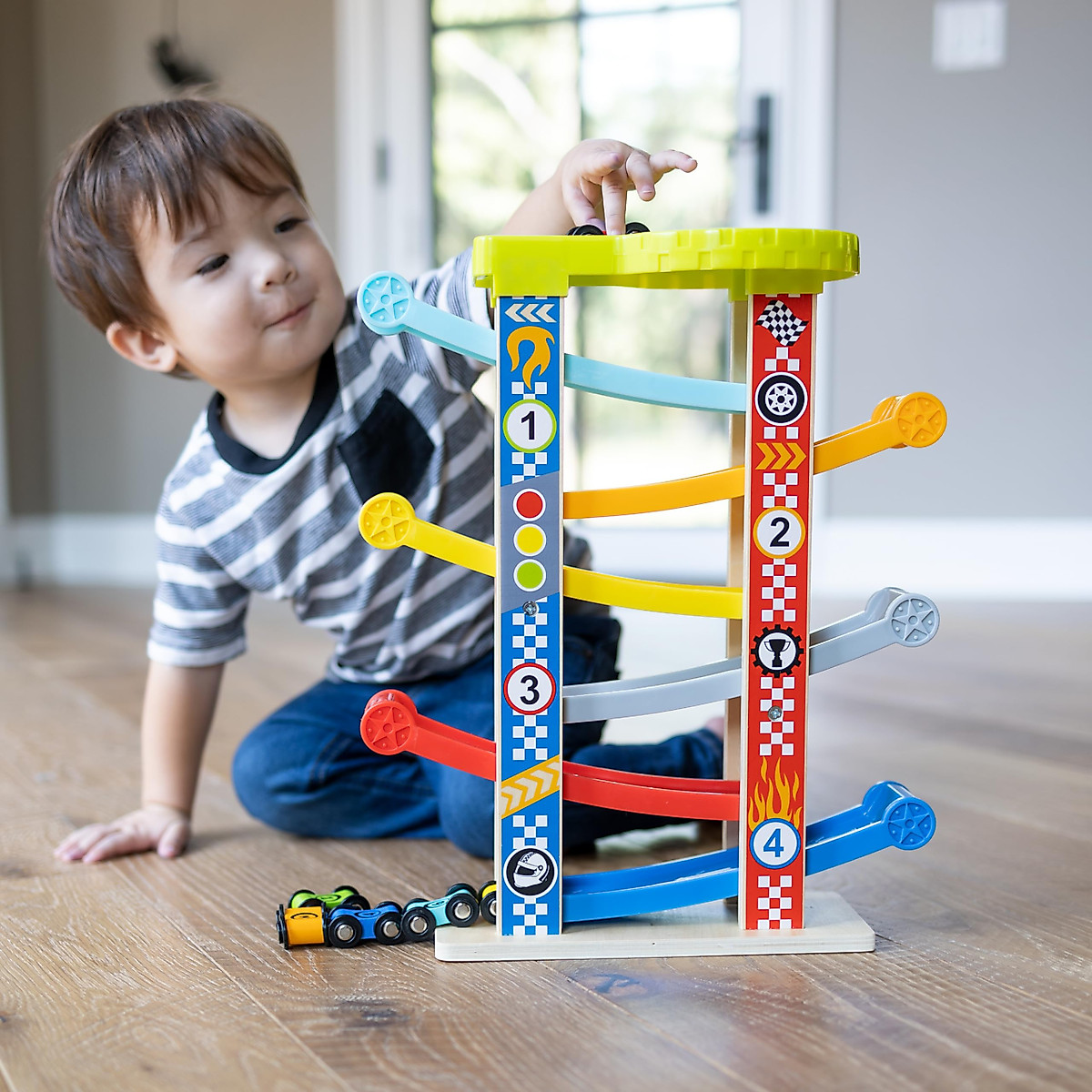Fat Brain Toys Zigzag Racetrack - Number-Learning Car Tower for Preschoolers
