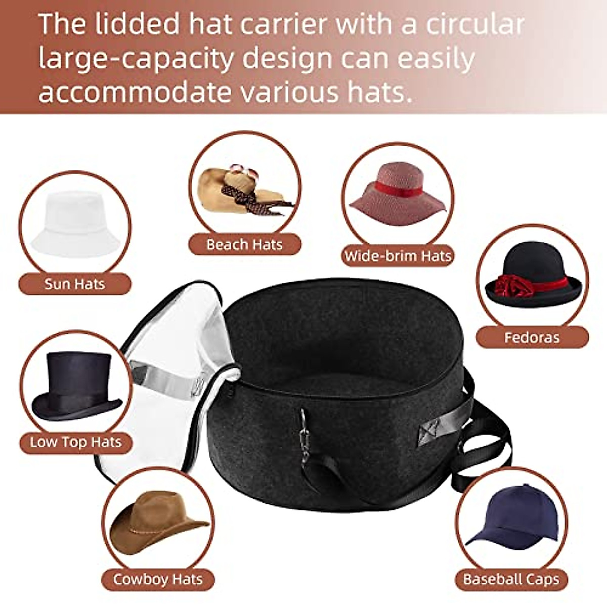 Pehciroe Hat Boxes for Women & Men Storage Large Felt Hat Boxes Storage Round Foldable Hat Carrier Travel Cowboy Hat Storage Box Storage for Hats Toy Clothes with Lid, Gray