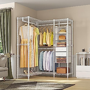VIPEK L6E Garment Rack for Hanging Clothes Heavy Duty Clothes Rack with Shelves, L Shaped Clothing Rack Portable Corner Closet Metal Freestanding Wardrobe with Drawers, Max Load 715 LBS, White