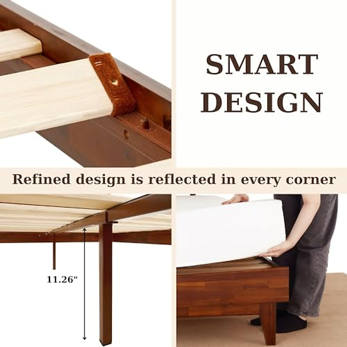 Bme Caden 15 Inch Deluxe Bed Frame with Adjustable Headboard - Mid Century, Retro Style with Acacia Wood - No Box Spring Needed - 12 Strong Wood Slat Support - Easy Assembly - Dark Chocolate, Queen