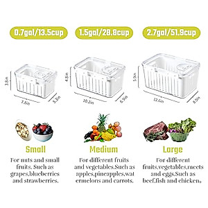 HausArtX Large Fridge Organizer Bins, Fridge Fruit Storage Containers with Removable Colander, BPA-Free, for Keeping Meat, Vegetable, Egg & Fruit Fresh (3 Packs)