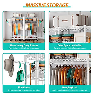 PUNION Heavy Duty Rolling Garment Rack,Portable Clothes Rack for Hanging Clothes,Clothing Rack,Wardrobe Storage Rack with 3 Shelves,1 Hang Rod,1 Side Hook,36" Lx18 Wx71 H, Max Load 500LBS, White,GR1