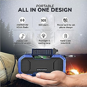 Bluetooth Hand Crank Emergency Radio Solar Power,Portable AM FM Radio Speaker,NOAA Weather Radio Flashlight Phone Charger,5000mAh Battery,SOS,Outdoor Waterproof Survival Wind up Storm Radio
