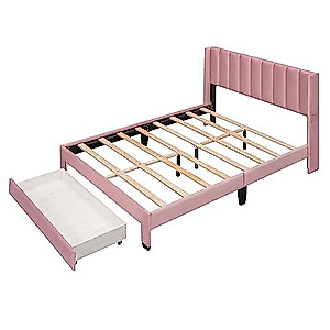 Queen Size Platform Bed Frame with Upholstered Headboard & Storage Drawer, Sturdy Wooden Slats Support / No Box Spring Required / Easy to Assembly for Bedroom Small Living Space Boys Girls Adults Room
