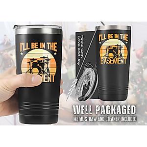 Onebttl Funny Drummer Gifts For Men, Women, Music Lover Gifts for Drummers, 20 oz/590 ml Stainless Steel Insulated Tumbler with Straw, Lid, I'll Be in the Basement
