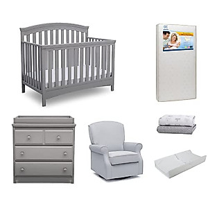 Delta Children Emerson Crib 7-Piece Baby Nursery Furniture Set–Includes: Convertible Crib, Glider, Dresser, Changing Top, Crib Mattress, Sheets, & Changing Pad, Grey