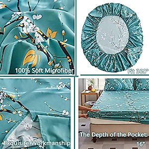 ZRNBAST Teal Sheet Set 4 Pcs Full Sheet Set Floral Print Flat Sheet Fitted Sheet Farmhouse Shabby Bedding Sheets Easy Fit Microfiber Sheets-All Seasons (Teal, Full)