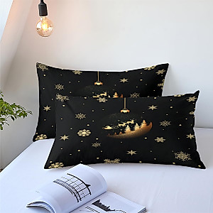 CCoutueChen Merry Christmas Soft Duvet Cover Queen Black Christmas Snowflakes Comforter Cover Happy New Year Farmhouse Decor Xmas Duvet Cover Set 3 Piece(2 Pillowcases, No Comforter)