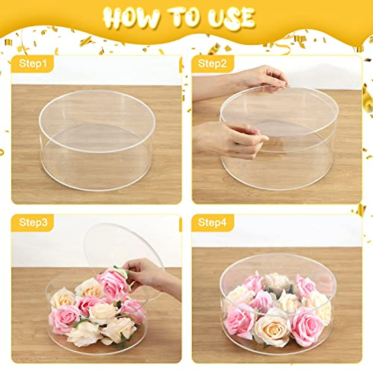 MOJIEZUO Clear Acrylic Cake Stand,Fillable Cake Riser Cake Tier,Round Cake Display Riser,Decorative Display Box with Lid for Wedding Birthday Party