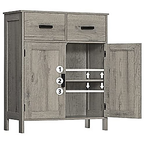 Quimoo Storage Cabinet, Bathroom Floor Cabinet with 2 Drawers & Adjustable Shelves, Bathroom Storage Cabinet with 2 Doors for Living Room, Bedroom, Home Office, Grey