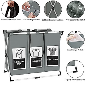 C&AHOME Laundry Basket 3 Sections, 135L Foldable Laundry Hamper Basket Sorter with Waterproof Oxford Bag and Aluminum Frame, Laundry Sorter Storage Dirty Clothes Bag for Bathroom Bedroom, Grey AFLH03G