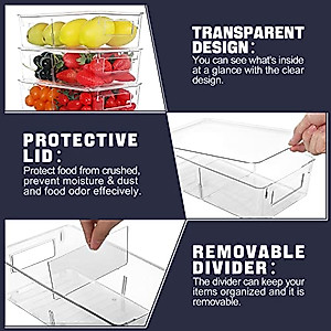 ESARORA Plastic Storage Bin with Lid and Divider, Clear Shallow Pantry Organizer with Handle for Fridge, Cabinet, Kitchen, Bedroom, Closet, Bathroom, Office, Pantry Organization, 6 Pack 10.28 inch