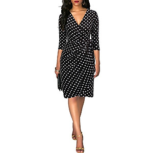 Berydress Women's Classic 3/4 Sleeve V Neck Sheath Casual Party Work Faux Black Wrap Dress (L, 6083-Black Dot)