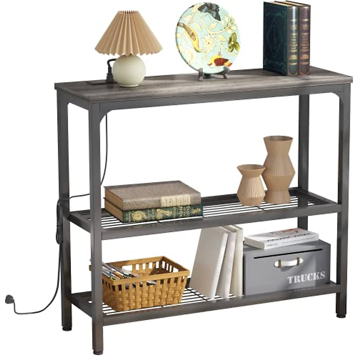 COTUBLR Console Table with Outlets, Entryway Table with Mesh Shelves, 39 inch Industrial Sofa Table for Living Room, Entry Table for Entryway, Hallway, Foyer, Kitchen, Grey Oak