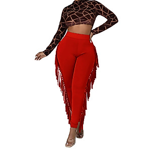 Women's Fringe Pants Casual High Waist Solid Bodycon Side Tassel Pants Yoga Pants Sweatpants Bandage Pants Red Large