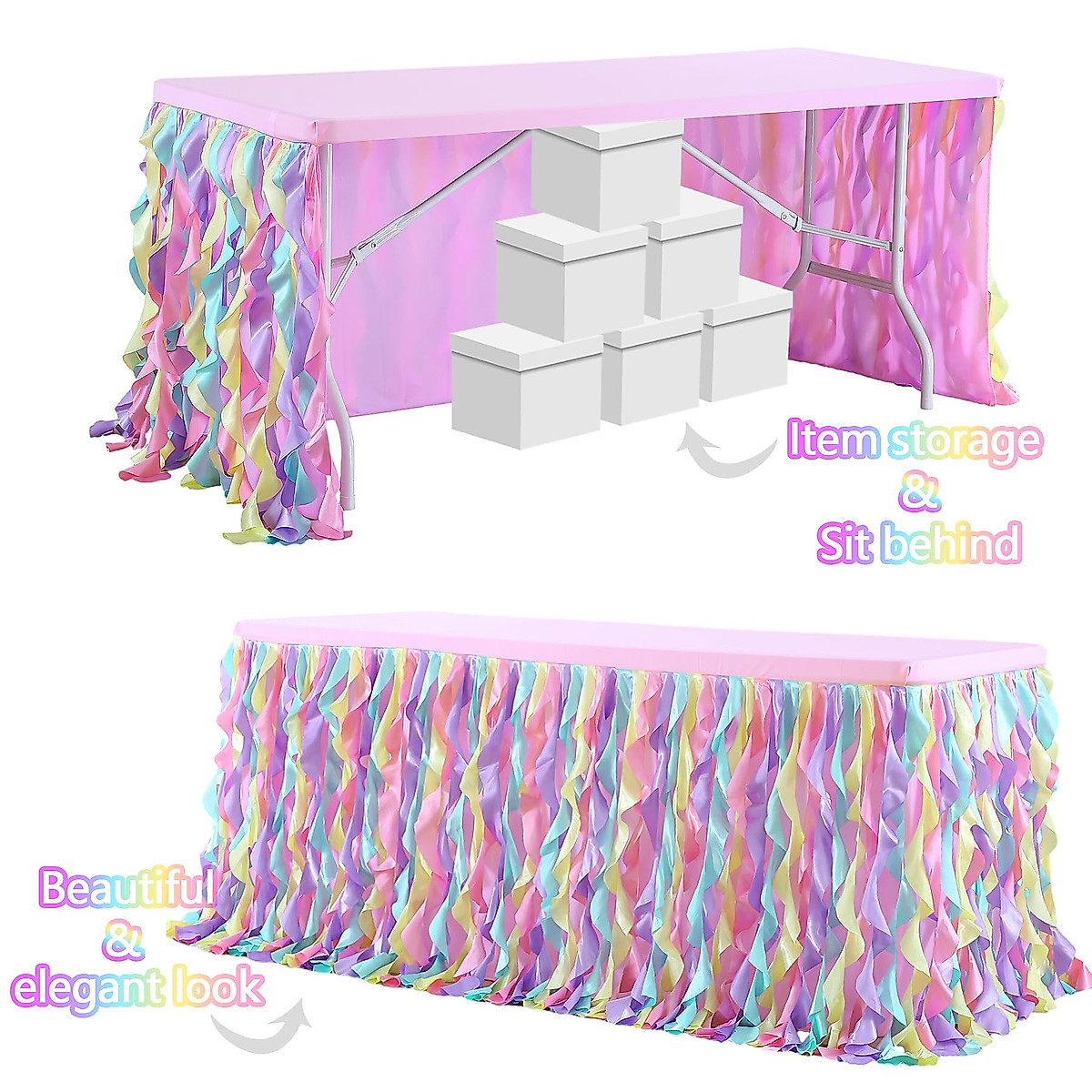 gogoparti Pastel Rainbow Tablecloth for 6 ft Rectangle Table Pastel Rainbow Ruffle Tulle Table Skirt for Unicorn Theme Birthday Party Decoration