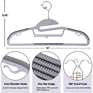 SUPER DEAL 50 Pack Coat Hangers, Heavy-Duty Plastic Suit Hangers, S-Shaped Opening Non Slip Slim Clothes Hangers with Lateral Hooks and Rubber Pads 360 Degree Swivel Hook Space Saving, Grey