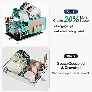 iSPECLE Dish Drying Rack with Drainboard - 2 Tier Dish Racks for Kitchen Counter with Cup Holder, Rust-Resistant Dish Drainer with Utility Hooks, Utensil Holder and Cutting Board Holder, Black