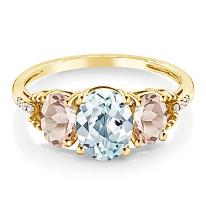 Gem Stone King 10K Yellow Gold Oval Sky Blue Aquamarine and Peach Morganite Engagement Ring For Women (2.24 Cttw, Gemstone Birthstone) (Size 6)