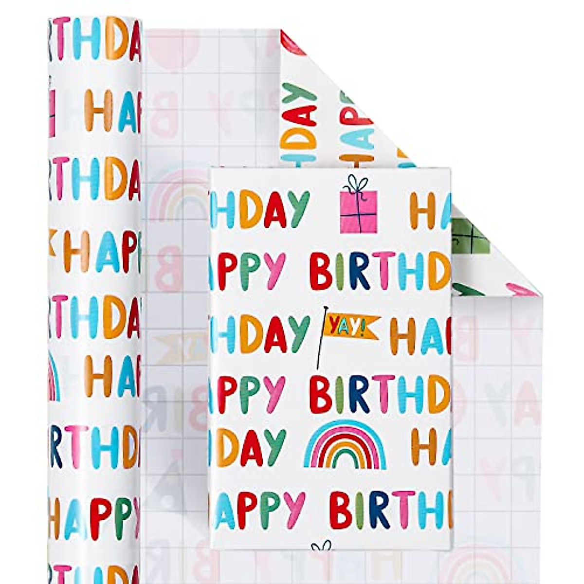 WRAPAHOLIC Birthday Wrapping Paper Roll - Happy Birthday Lettering and Gift Box Design for Birthday, Holiday, Party, Baby Shower - 30 Inch x 33 Feet