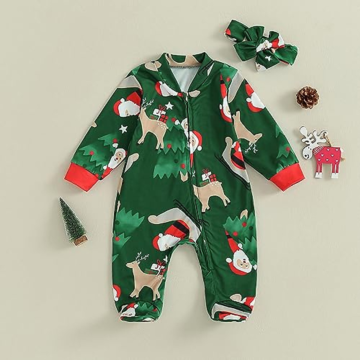 Mialoley Infant Baby Christmas Jumpsuit Long Sleeve V Neck Zipper Front Romper Bowknot Headband Spring Fall Winter Casual (Green, 6-9 Months)