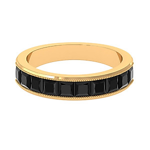 Certified Black Spinel Half Eternity Band, AAA Quality, Natural Black Spinel Anniversary Ring (With Jewelry Box), 14K Yellow Gold, Size:US 9.50
