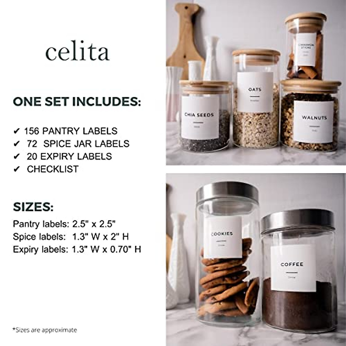 Celita 248 Kitchen Pantry Labels with Spice Jar Labels - Minimalist Modern Food Storage Labels Preprinted - Waterproof Stickers Complete Pantry Labels for Containers