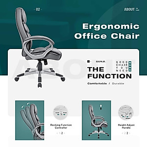 GUNJI Office Chair PU Leather High Back Executive Chair Ergonomic Computer Chair, Modern Adjustable Home Desk Chair Swivel Managerial Chair with Padded Armrests and Lumbar Support (Gray)