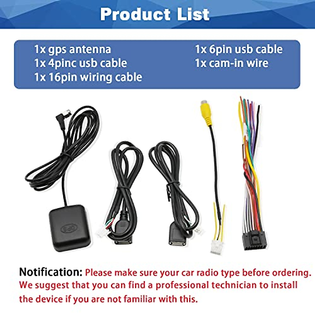 Android Car Stereo Radio Wiring Harness Kit with 16 Pin ISO Radio Harness Adapter Back Camera RCA Wire GPS Antenna Connector 4/6 Pin USB Cable