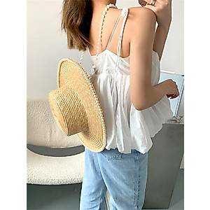 ENFUSO Women's Natural Straw Hat Pearl Decorated Fisherman's Hat Sunshade Parma Tweed Hat UV Protection Travel Retro Original Colour Cap (Straw07)