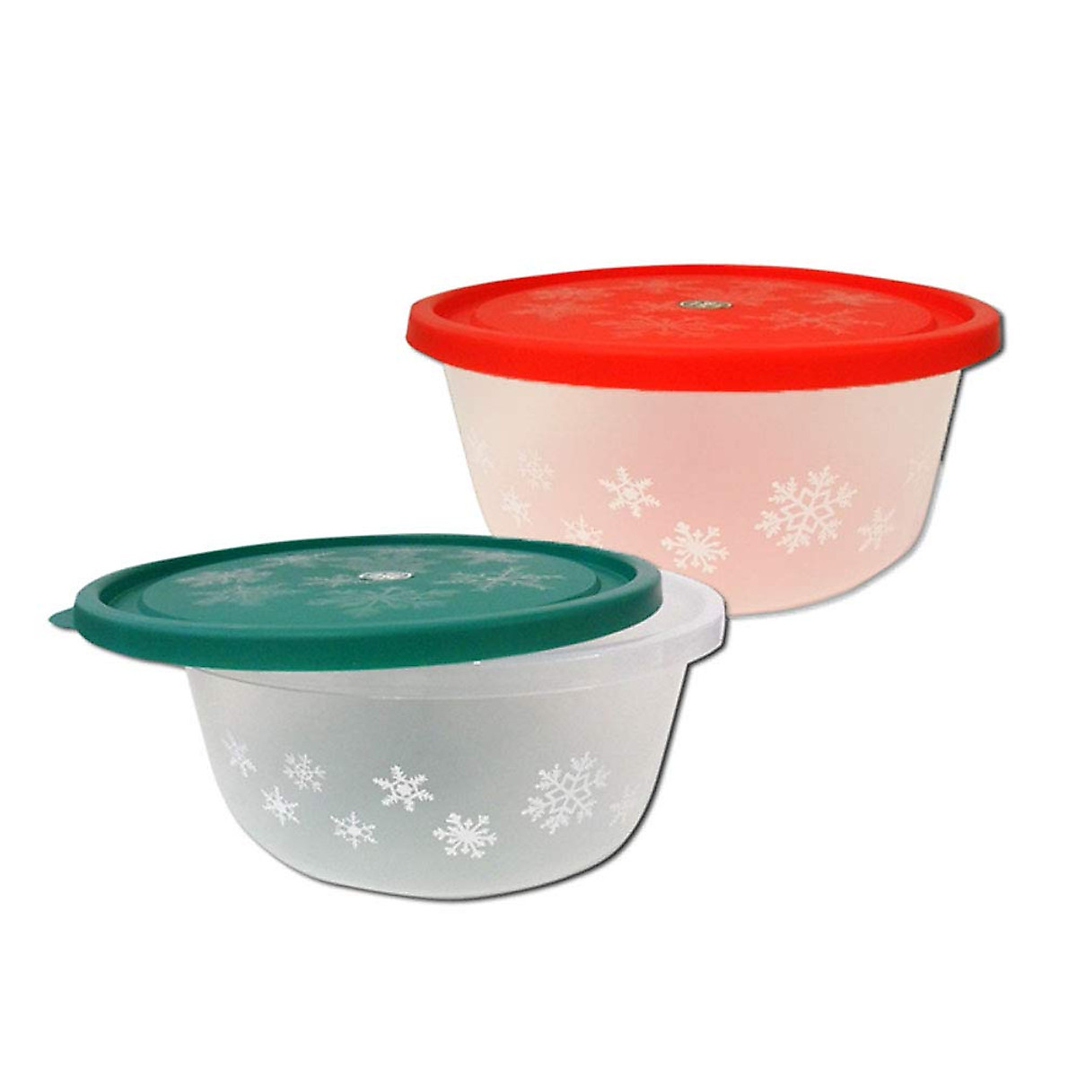 Christmas Holiday Round Storage Containers - Seasonal Snowflake Frosted Design Plastic Tubs for Treats or Food - 2 Pack Set