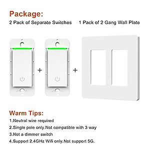 Smart Light Switch 2 Gang WiFi Smart Light Double Switch Work with Alexa, Google Assistant,Wireless Control, 2.4G WiFi Smart Light Switch, Single-Pole, Neutral Wire Required