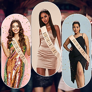 Birthday Sash, Headband, Tiara, and Rose Gold Decorations for Women and Girls