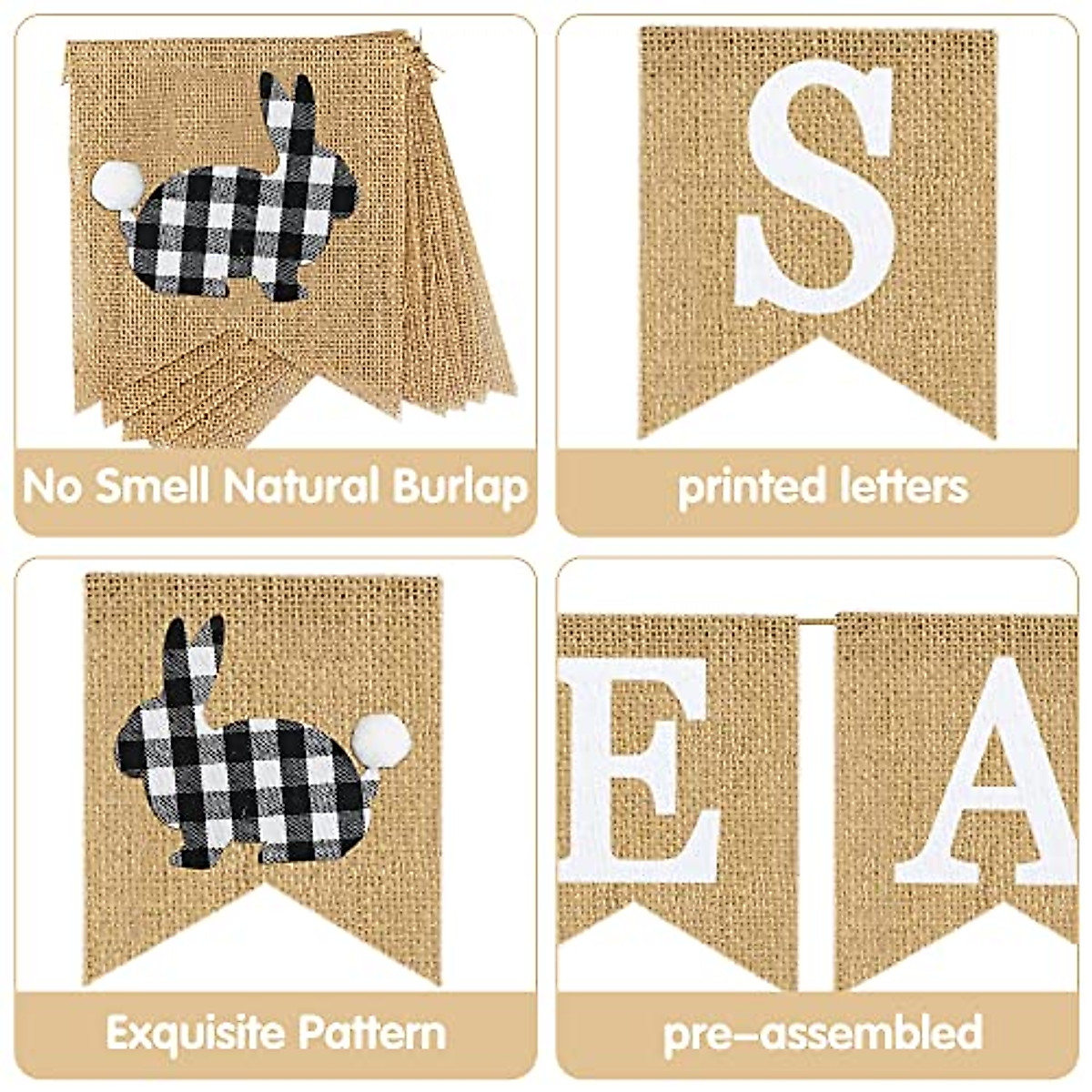 Happy Easter Burlap Banner with Buffalo Plaid Bunny - NO DIY - Rustic Farmhouse Easter Decorations - Easter Bunny Bunting Garland for Mantel Fireplace - Spring Easter Party Decoration