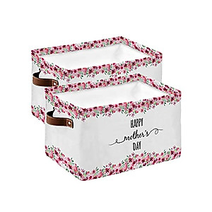Storage Bins Large Storage Basket,Mother's Day Spring Flower on White Collapsible Storage Bins with Handle,Watercolor Floral Storage Baskets Cube Organizer for Shelves Closet Nursery