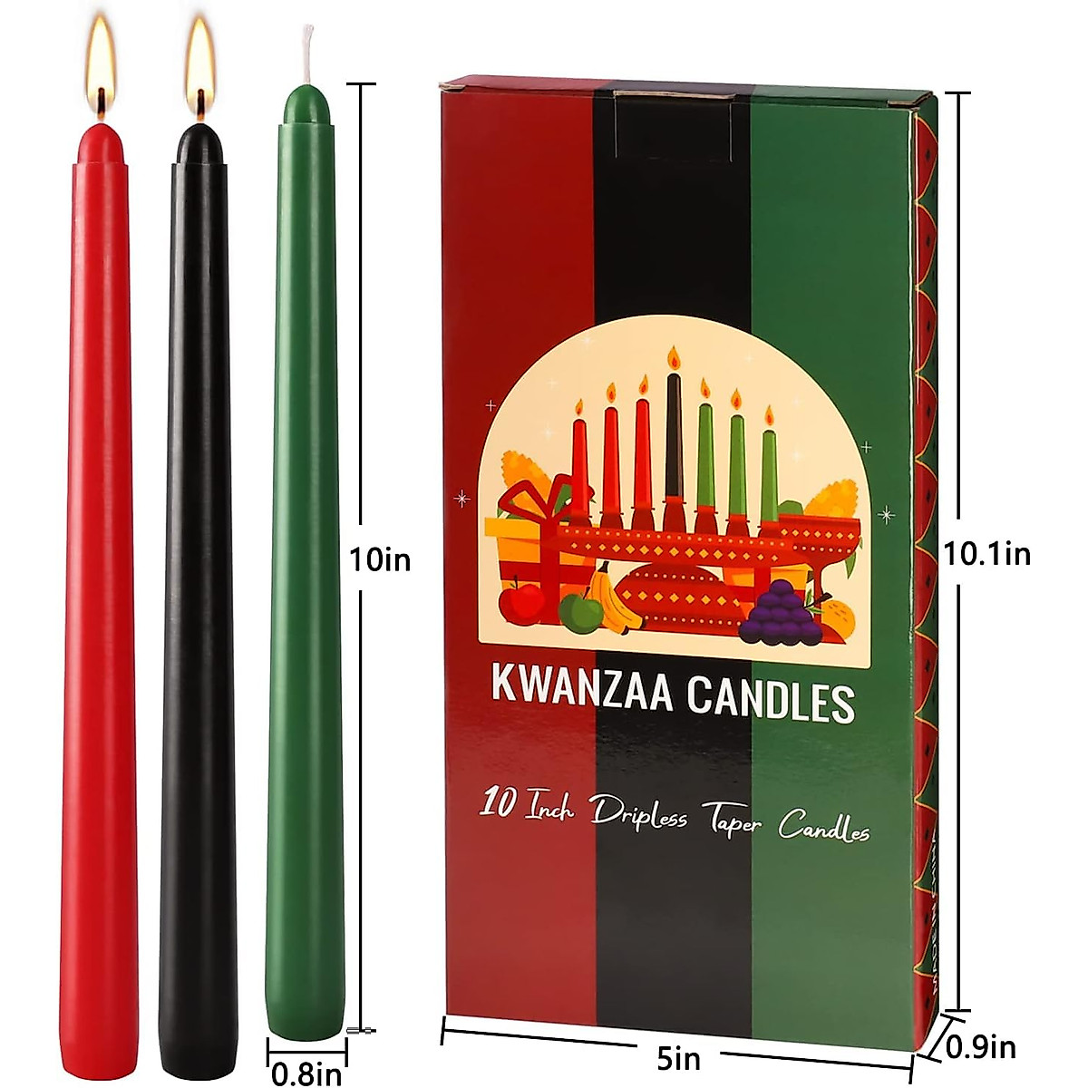 Set of 7 Kwanzaa Taper Candles, 3 Red, 3 Green, 1 Black Mishumaa Saba Candle Set, 10 Inch Dripless Tall Candle Stick for Kwanzaa, 7-7.5 Hour Burn Time
