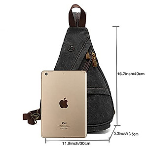 AONETIGER Small Canvas Black Sling Crossbody Backpack Shoulder Bag, Vintage Casual Daypack bag with Leather For Men Women Cycling Hiking Travel