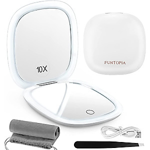 Funtopia Magnifying Mirror with Light, 1X/10X Magnification Compact Mirror, Dimmable Double Sided LED Lighted Travel Makeup Mirror, Portable for Handbag, 3.9 inch, USB Charging (White