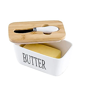 Hasense Porcelain Butter Dish with Bamboo Lid - Covered Butter Dish with Butter Knife for Countertop, Airtight Butter Container with Cover Perfect for East West Coast Butter, White