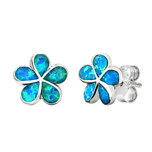 Sterling Silver Plumeria Flower Stud Earrings with Simulated Blue Opal (8 Millimeters)