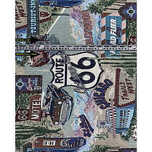 FABRIC EMPIRE - Classic Retro Route 66 Inspired Tapestry Fabric, Motel, Diner, Gas Station Theme - 56" W, Sold by The Continuous Yard, Tote Bags, Accent Pillows, Upholstery (Large, Route 66 Logo)