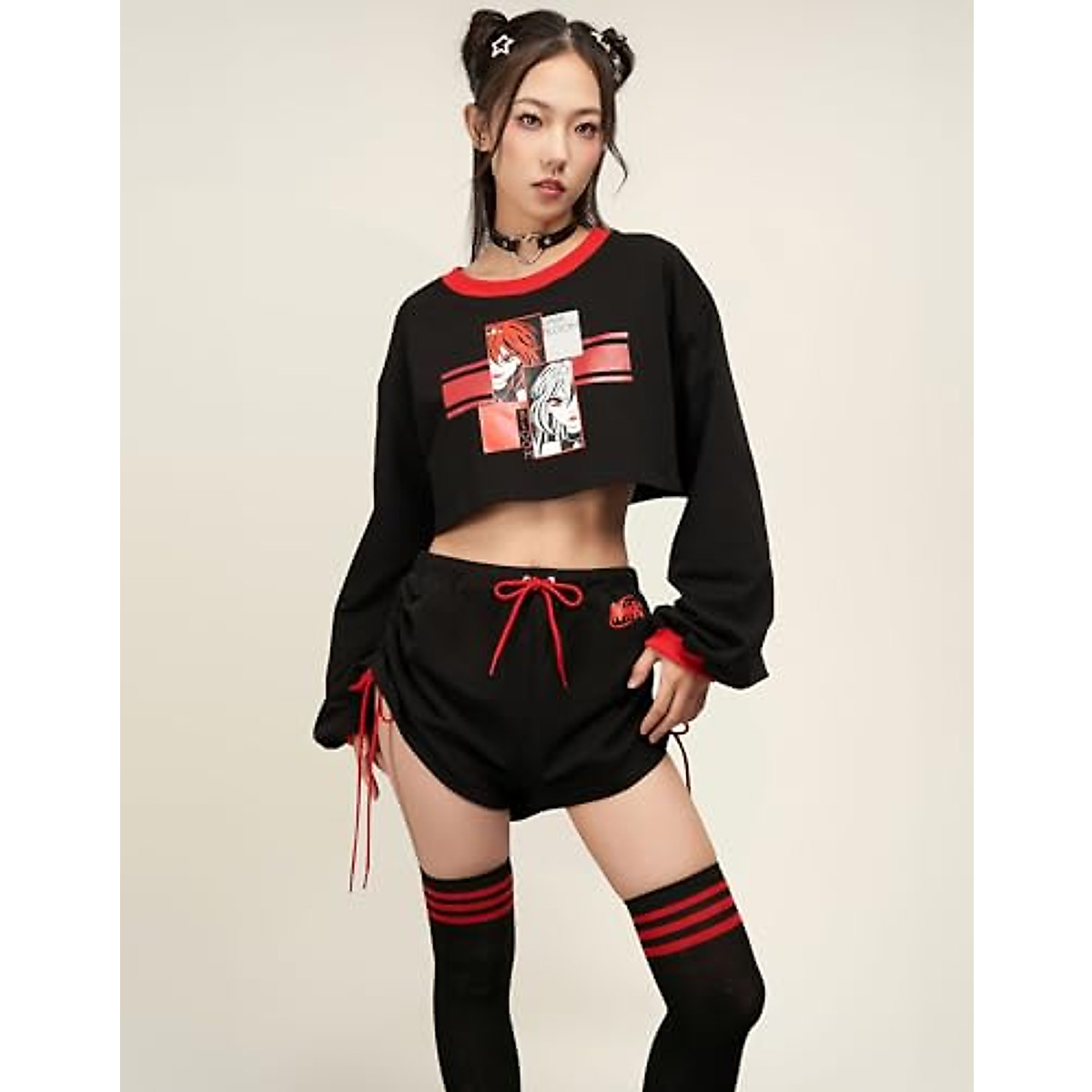 Winx Club Women's Dark Bloom Long-sleeves Blouser and Shorts Loungewear Two-Piece Pajamas Set Sleepwear (Large) Black