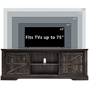 OKD Farmhouse TV Stand for 75 Inch TV with Sliding Barn Door, Rustic Wood Entertainment Center Large Media Console Cabinet Long Television Stands for 70 Inch TVs, Dark Rustic Oak