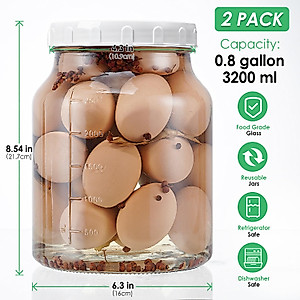 Qianfenie 2 Pack 0.8 Gallon(3200ML) Glass Jar with Airtight Lid, Large Mason Jars Wide Mouth with Clear Scale Marks, Heavy Duty Glass Food Storage Jars with Reusable Lid for Sugar, Pasta, Flour, Oats